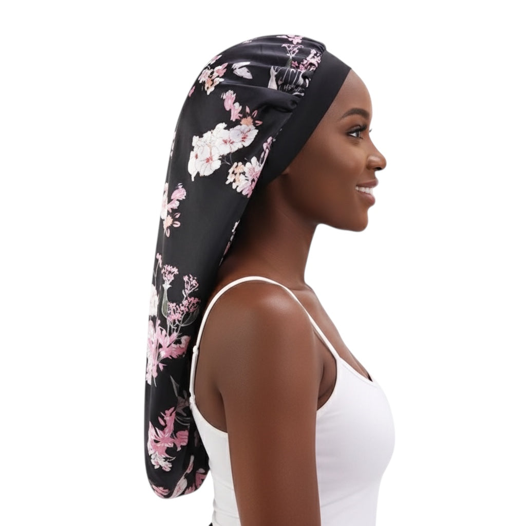 Satin Silk Long Bonnet Cap for Braids & Locs – Floral Sleep Cap